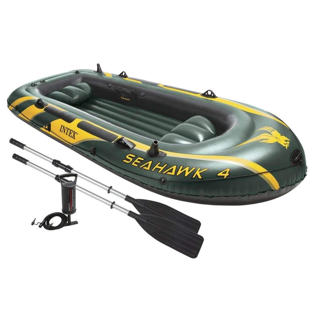 Intex 68351EP Seahawk 4 Inflatable Boat Set: includes Deluxe 54in Boat Oars and High-Output Pump â SuperStrong PVC â Fishing Rod Holders â 4-Person â 1050lb Weight Capacity