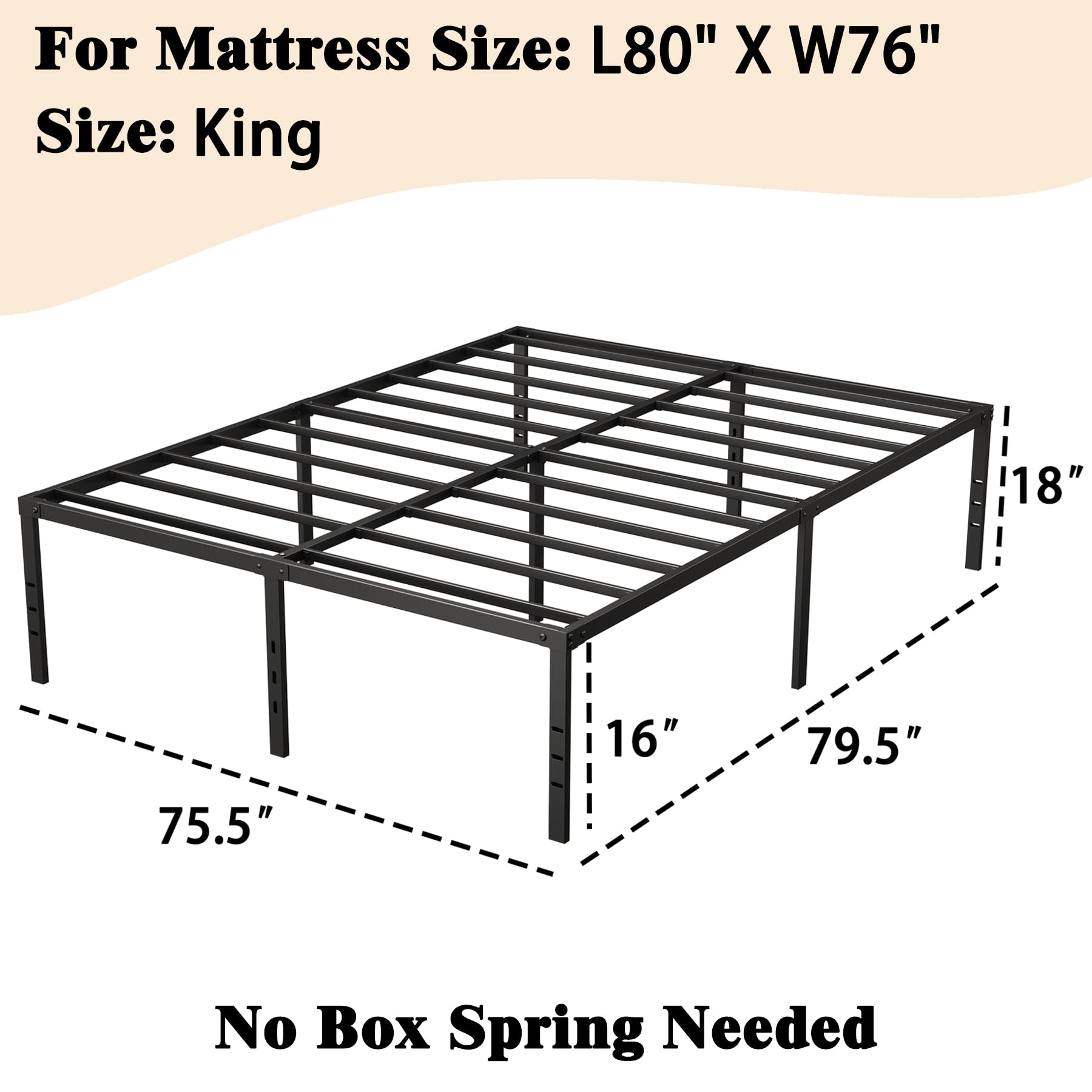Jebosam 18 inch High King Bed Frame No Box Spring Needed Heavy Duty Steel Support 2500 lbs King Size Bed Frame Easy to Assemble Non-Slip Noise Free Black King Size Metal Bed Frame