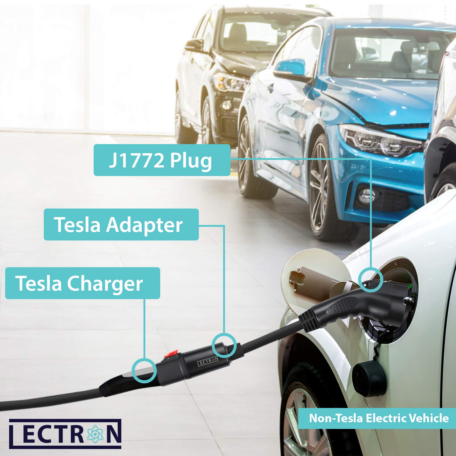 Lectron - Tesla to J1772 Adapter, Max 40A & 250V - Compatible with Tesla High Powered Connector, Destination Charger, and Mobile Connector (White)