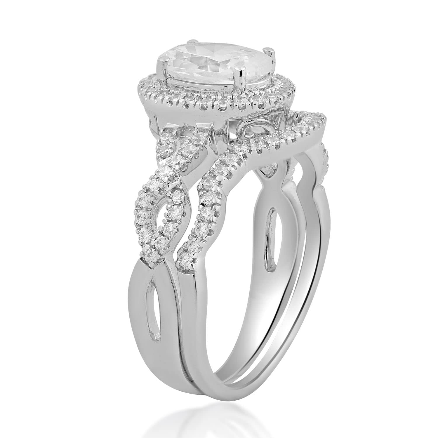 Jewelili Halo Bridal Ring in Sterling Silver with Oval and Round Shape Cubic Zirconia, Size 8