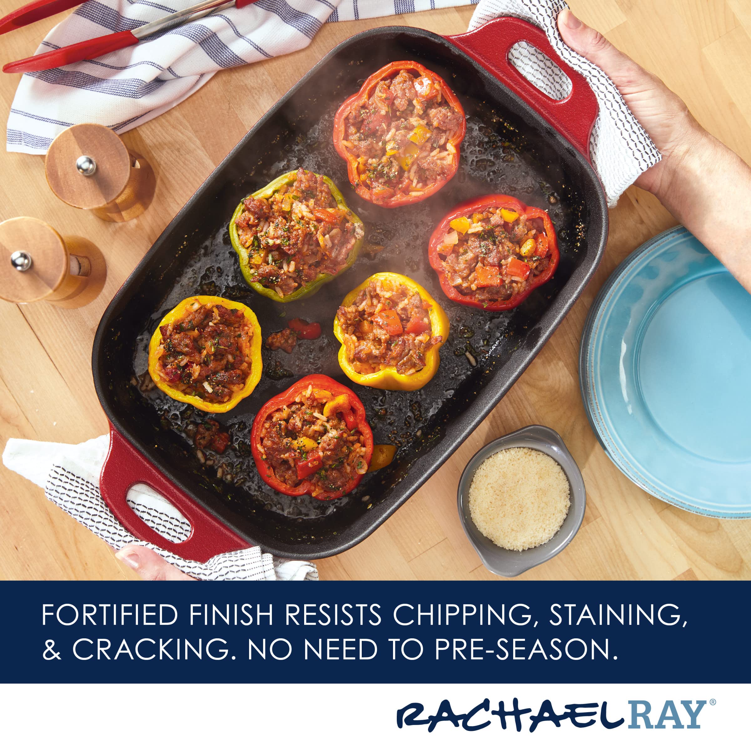 Rachael Ray NITRO Cast Iron Roasting Lasagna Pan/Baking Dish, Roaster/Rectangular, 9 Inch x 13 Inch, Red