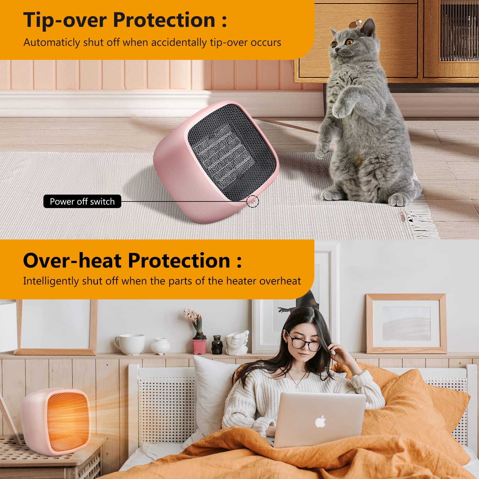 Portable Space Heater, YOUCIDI 1000W/800W Ceramic Electric Heater, Compact Small Warmer, Heat Up in 2 Seconds, Safe and Quiet for Office Room Desk Indoor Use (Pink)
