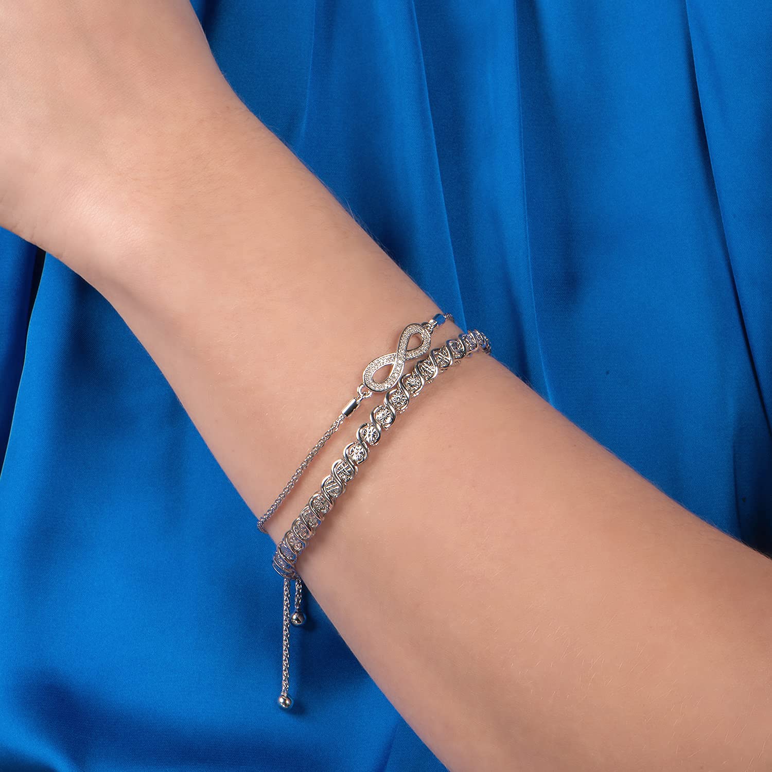 Jewelili Infinity Bolo Bracelet with Natural White Round Diamonds 1/10 Cttw in Sterling Silver 9.5" Wheat Chain