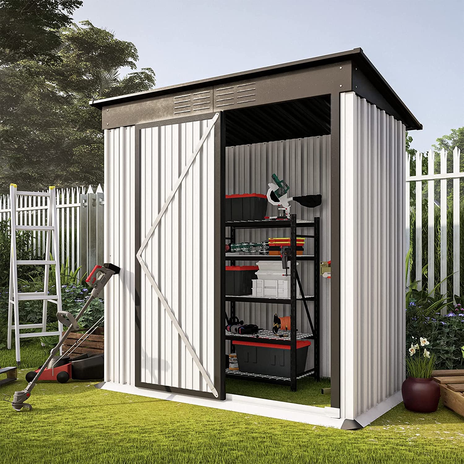 Rophefx 5' x 3' Outdoor Metal Storage Shed, Outside Waterproof Tool Shed, Steel Garden Shed with Single Lockable Door for Backyard, Patio, Lawn, White & Grey