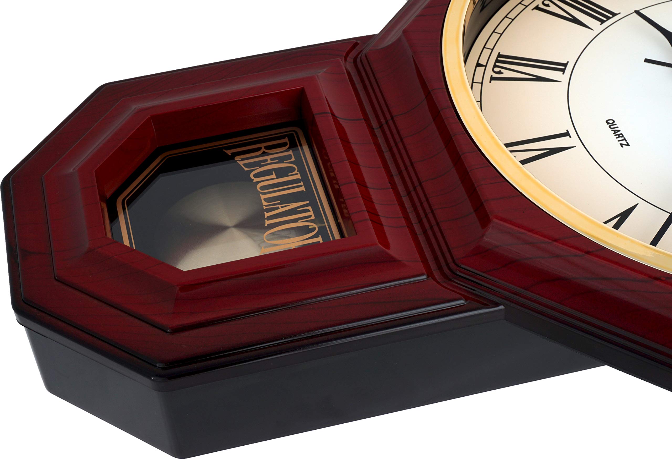 JUSTIME Traditional Schoolhouse Pendulum Wall Clock Chimes Hourly with Westminster Melody Made in Taiwan, 4AA Batteries Included (PP0258-RRM Red Mahogany)