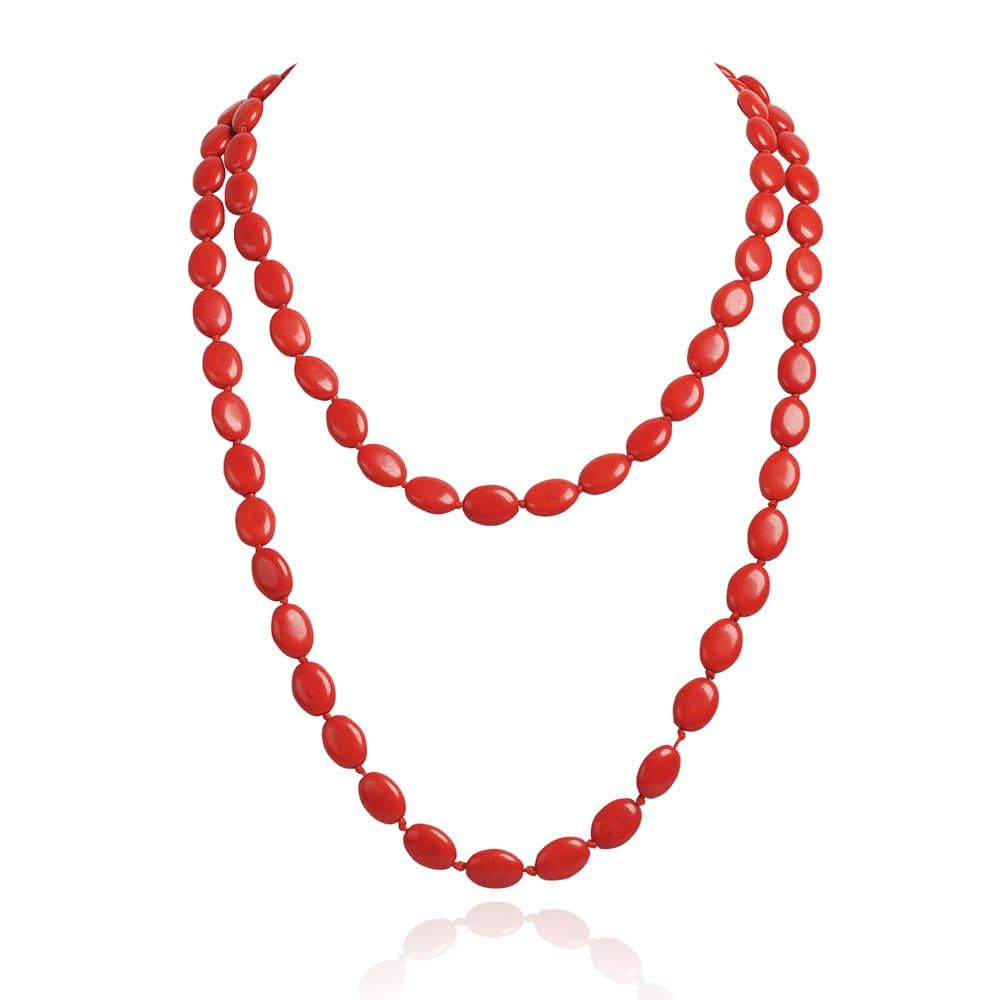 Jane Stone Funky Oval Shape Necklace Turquoise Double Strand Layers Cluster Necklace Pendant Bib Jewelry (Red)
