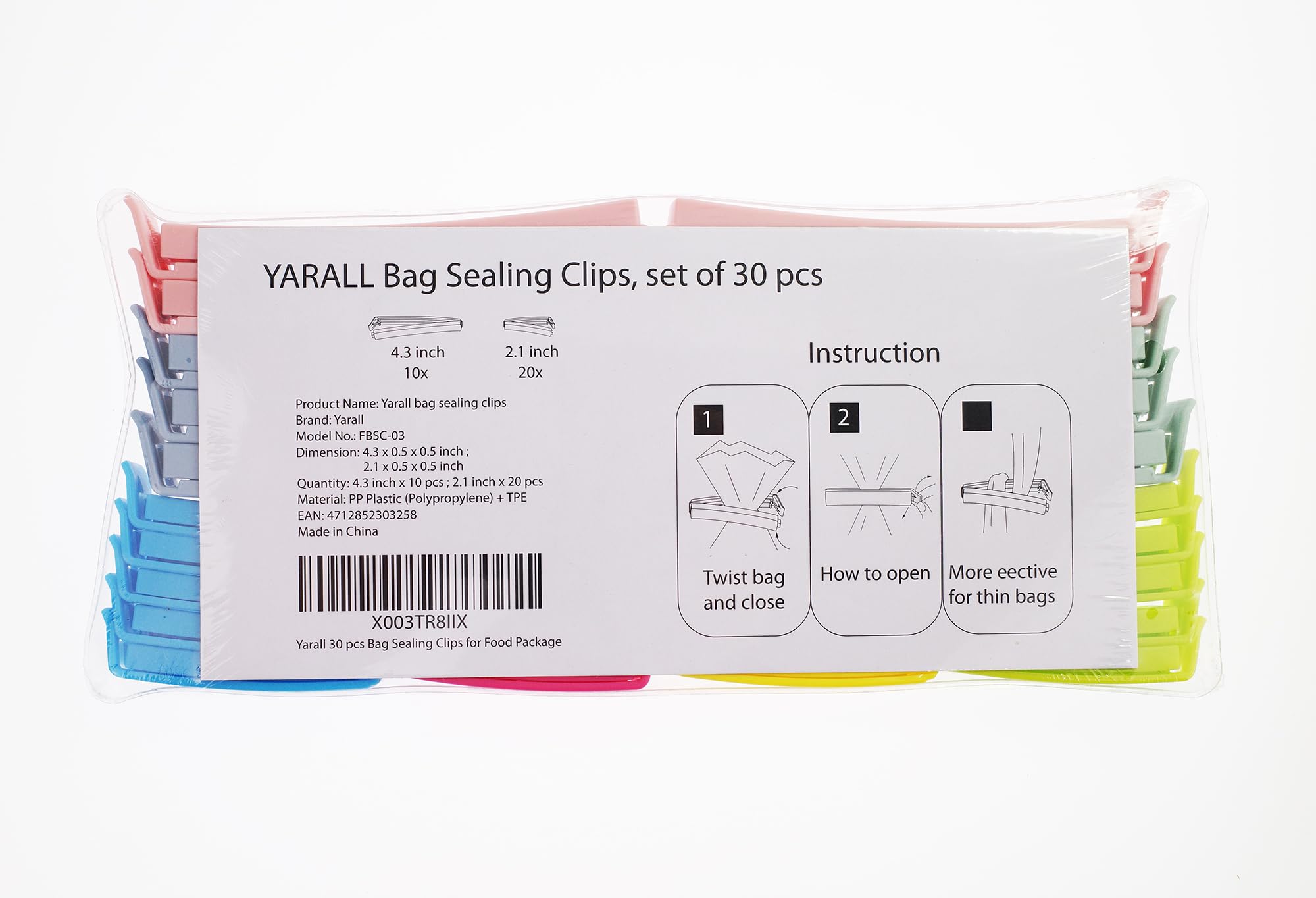 Yarall 30 PCS Plastic Chip Clips for Food Packages, Curved Design Sealing Bag Clips for Food, Kitchen and Home(4.3in x10, 2.1in x20)
