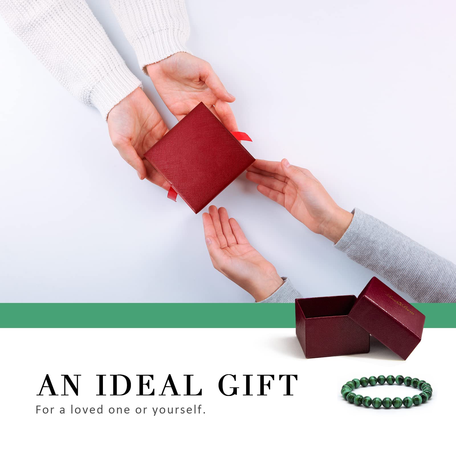 Rose&Poem Natural Malachite Bracelet, Handmade Gemstone Beaded Stretch Bracelets, 8mm Crystal Beads Semi-Precious Jewelry