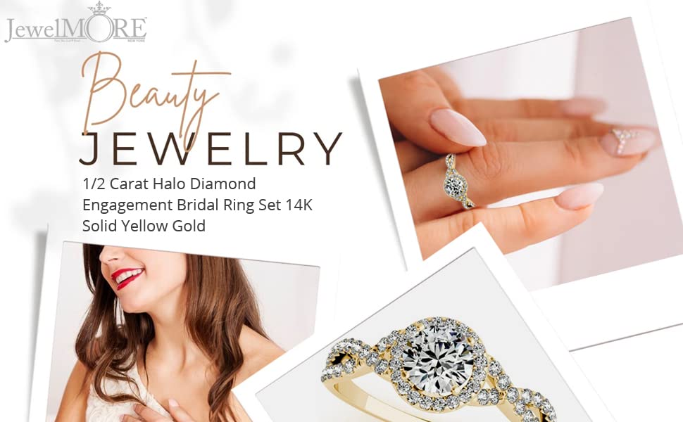 JewelMore 1/2 Carat Halo Daimond Engagement Bridal Ring Set 14K Solid Yellow Gold (I-J/I2-I3) (6)