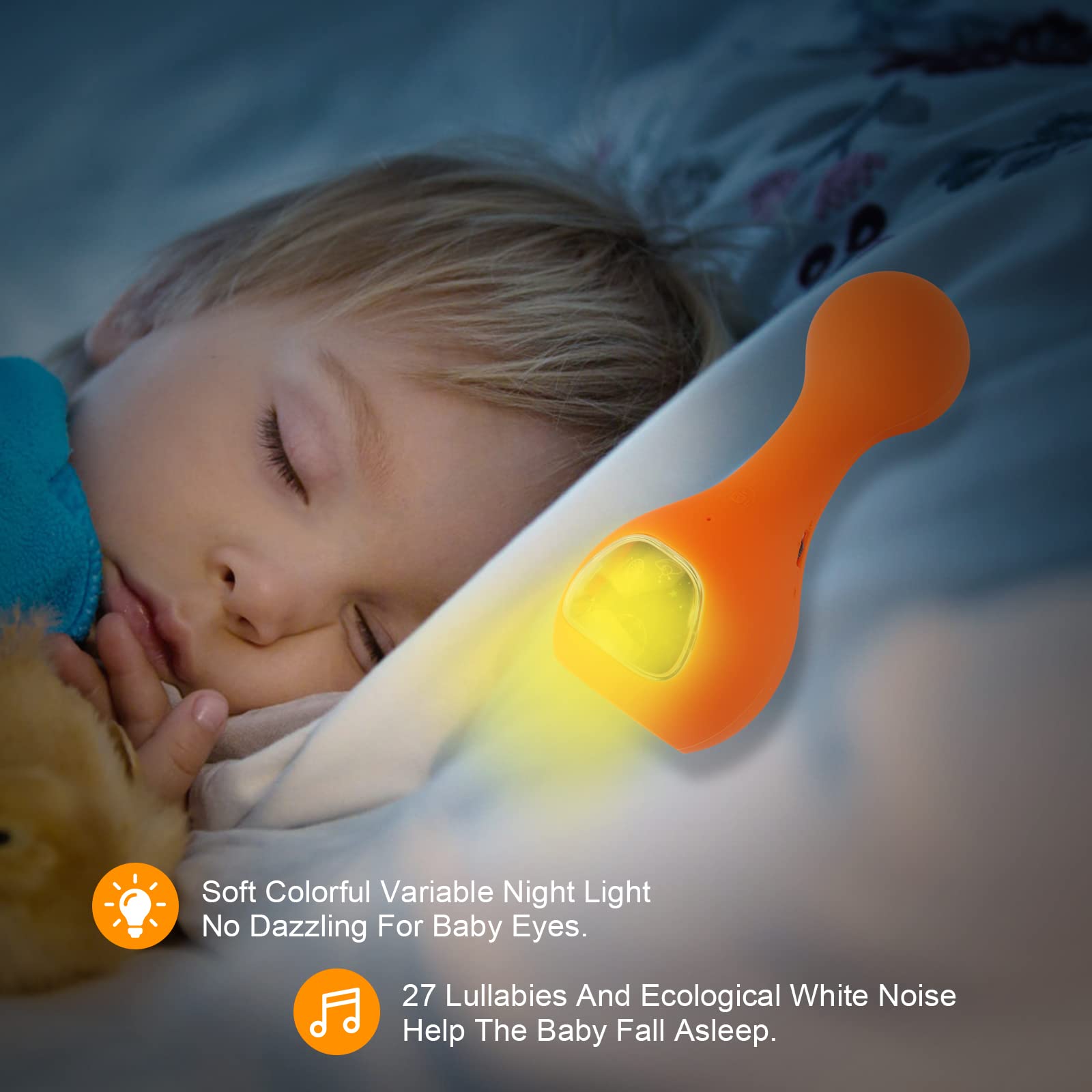 Portable White Noise Sound Machine for Baby，27 Soothing Sounds and 3 Volume Levels，7 NightLights，3 Timers and Memory Function，4 Entertainment Modes，Shushes Baby Kids to Sleep Quickest Way（Orange)
