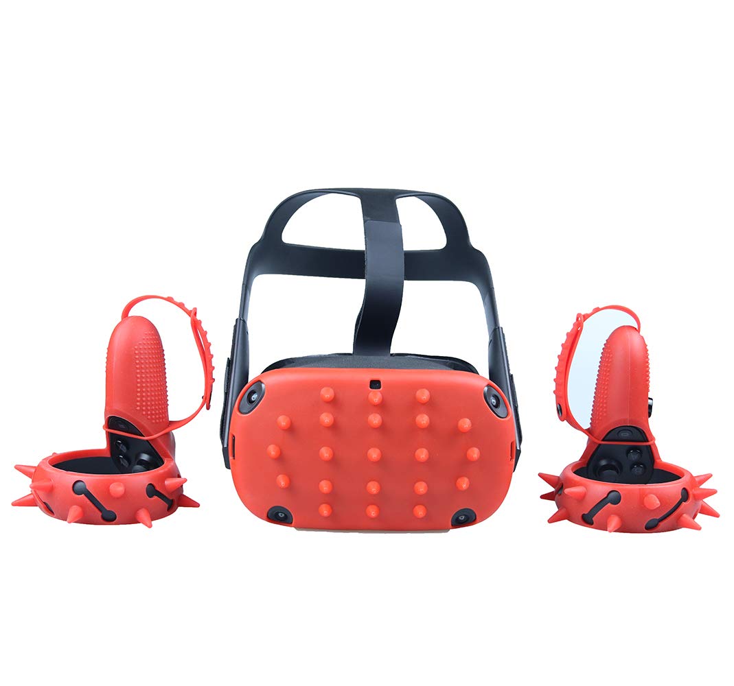 MASiKEN Unique Head Strap & Knuckle Straps & Head Cover for Oculus Quest Controller Grip Accessories, Controller Protector Covers Set, Shock-Resistant Sweatproof Lightproof (Red)