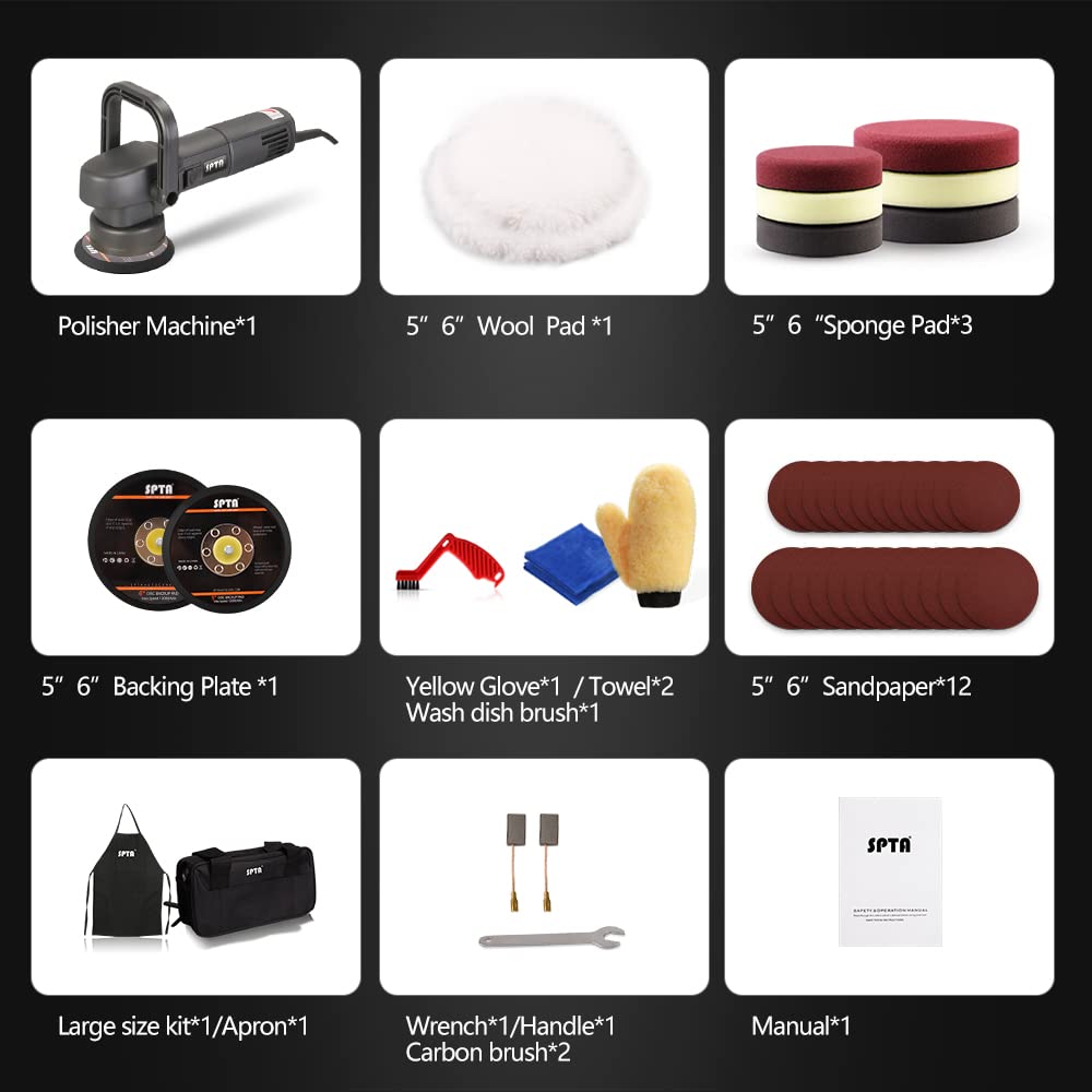 SPTA Buffer Polisher, 780W 5Inch & 6Inch Dual Action Random Orbital Car Polisher, 41Pc Car Detailing Kit with Polishing Pads, Sanding Papers, Wool Pads, Tool Bag for Car Polishing and Waxing -DA501-US