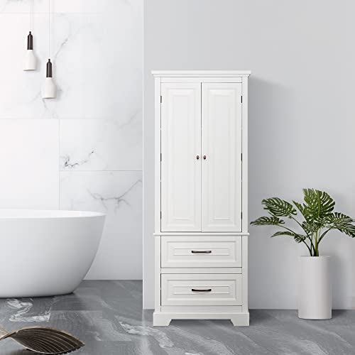 Teamson Home St. James Freestanding Adjustable Shelves 2 Drawers 5 Spaces and 2 Doors Wooden Linen Tower Storage Cabinet, White