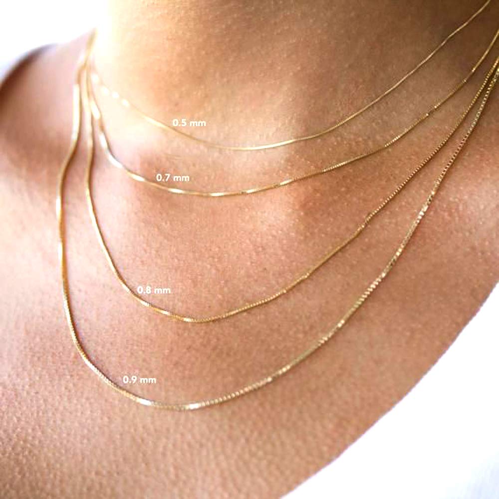 Jewelry Affairs 14k Yellow Real Solid Gold Mirror Box Chain Necklace, 0.7mm, 20"