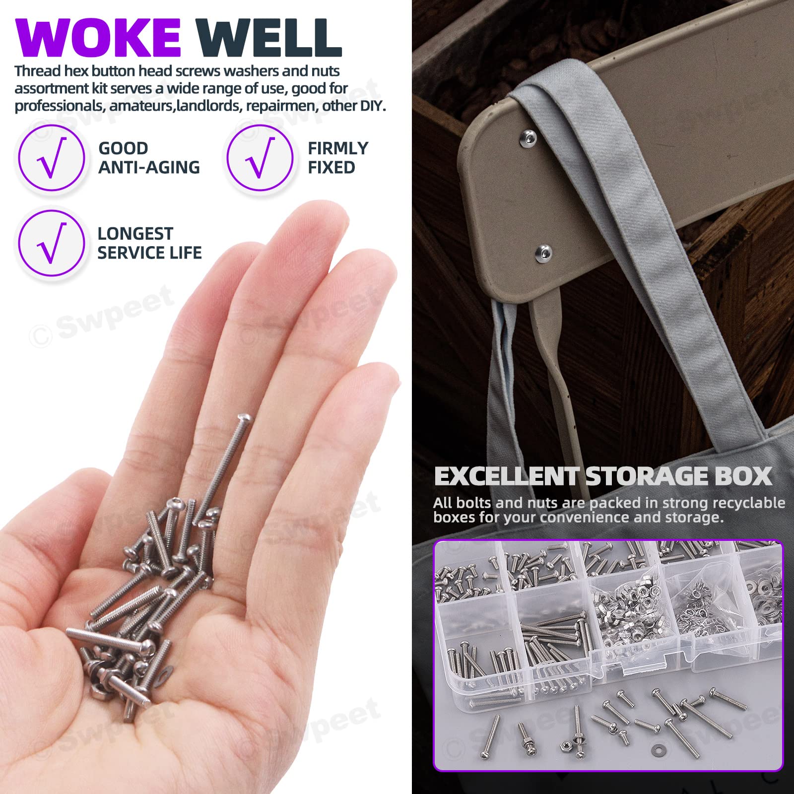 Swpeet 701Pcs M2 Metric 304 Stainless Steel Button Head Hex Socket Head Cap Bolts Screws Nuts and Hex Nuts with Flat Washers and Split Lock Washers Kit, Screws Nuts Washers Wrench All Included