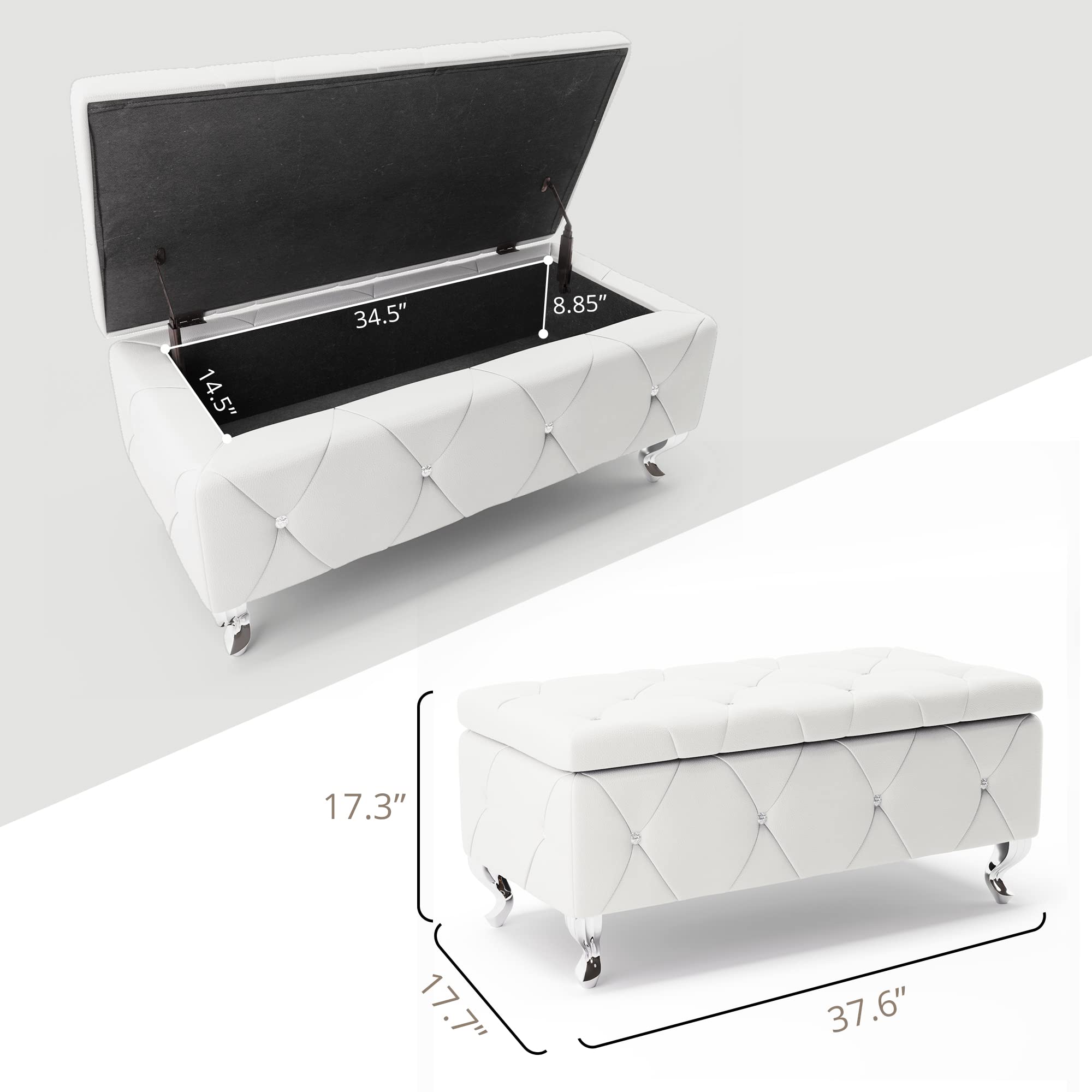 LUE BONA Storage Ottoman Bench, 38'' Upholstered White Faux Leather Ottoman with Crystal Tufted Button, Flip Top Foot Rest, End of Bed Bench Seat for Bedroom, Living Room, Vanity, 350LBS