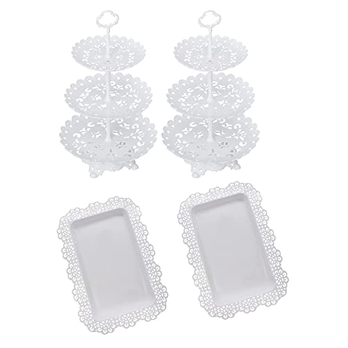 Set of 4 Dessert Stand Set, 3 Tiers White Plastic Cupcake Stand Holder & Rectangle Plastic Party Serving Trays/Platters for Wedding Birthday Baby Shower Tea Party Buffet (Round+Rectangular Type A)
