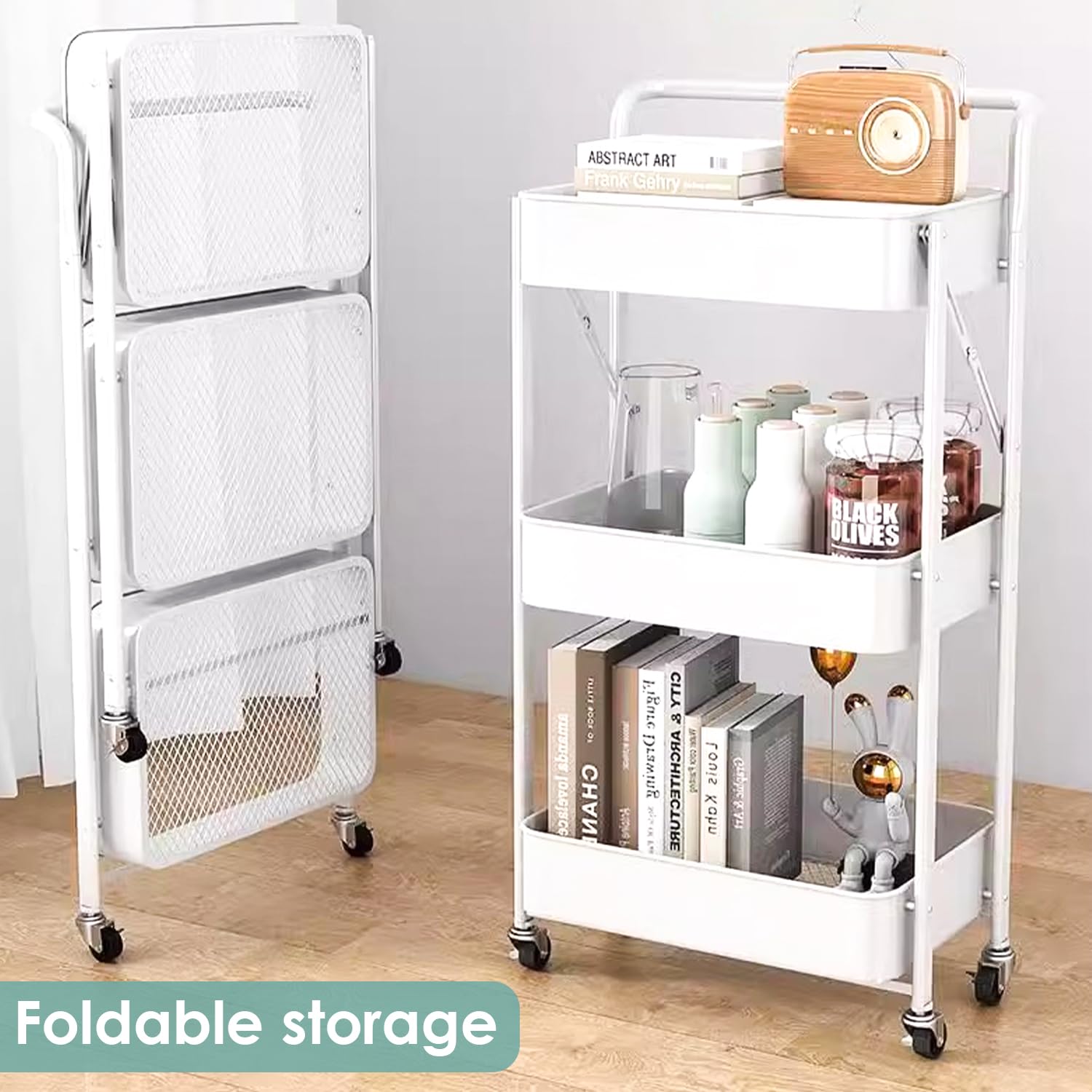 JforSJizT 3-Tier Collapsible Rolling Utility Cart with Lockable Wheels,Metal Storage Folding Rolling Cart with Storage Compartments,Tool Organizer Cart for Classroom, Office, Bathroom, Garage, Kitchen