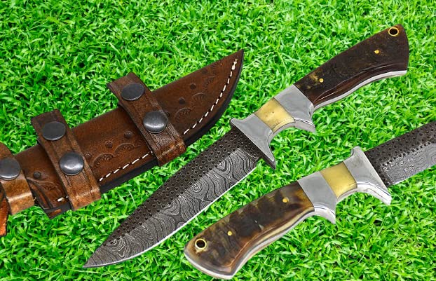 PSK83 - Handmade Damascus Hunting Knife Ram Horn Handle Full Tang Fire & Raindrop Patter - (PSK-83)