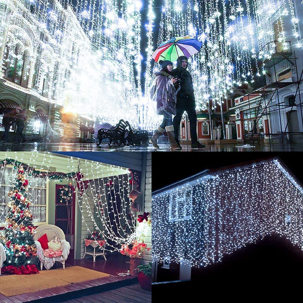 Solar Curtain Lights Outdoor Garden 300 LED Fairy String Lights 8 Modes Remote Control Waterproof Solar Waterfall Lights for Gazebo Patio Party Home Festival Wedding Wall Christmas Decorations(White)