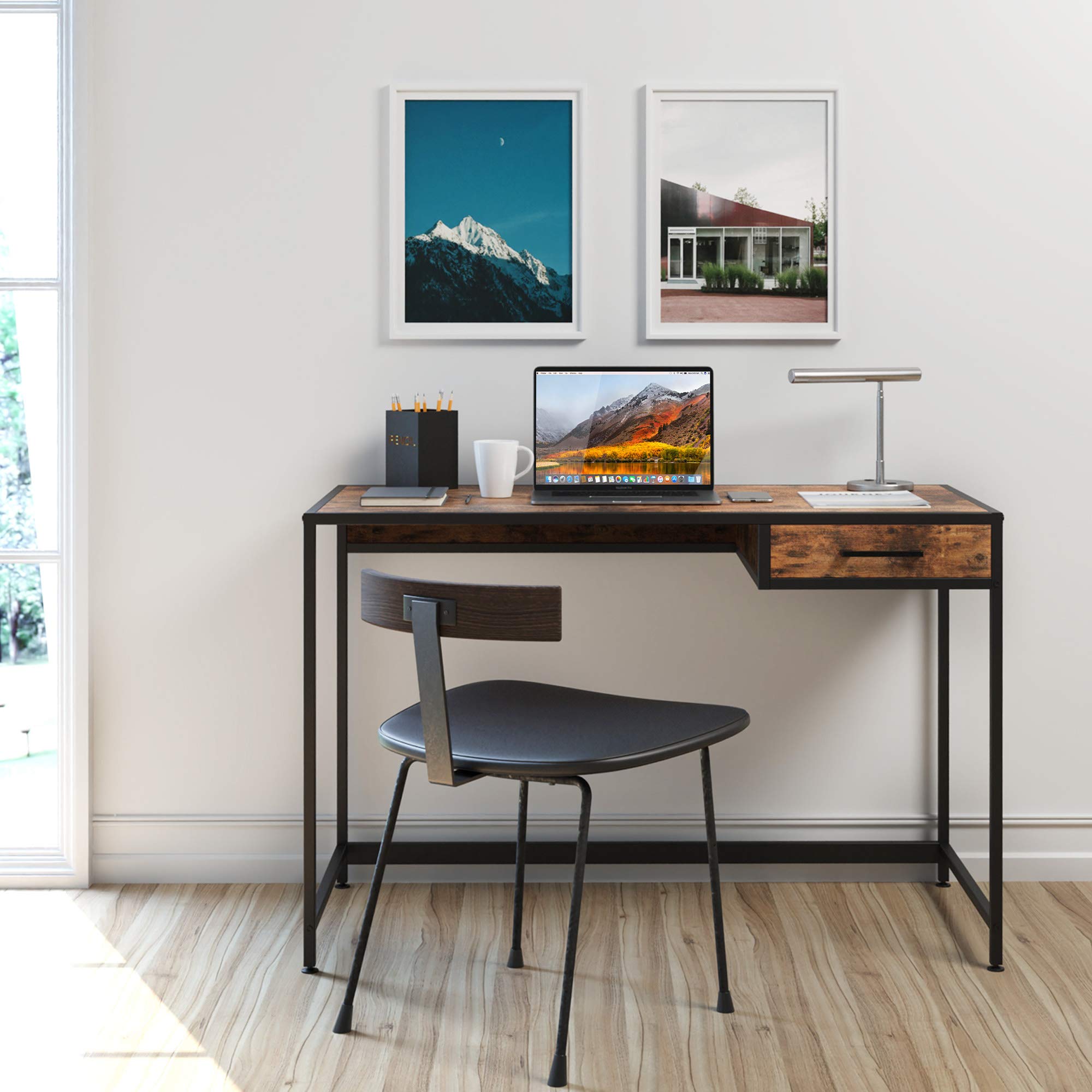 IRONCK Computer Desk, 47" Writing Desk with Drawers, Simple Small Desk for Home Office, Easy to Assemble, Retro Brown