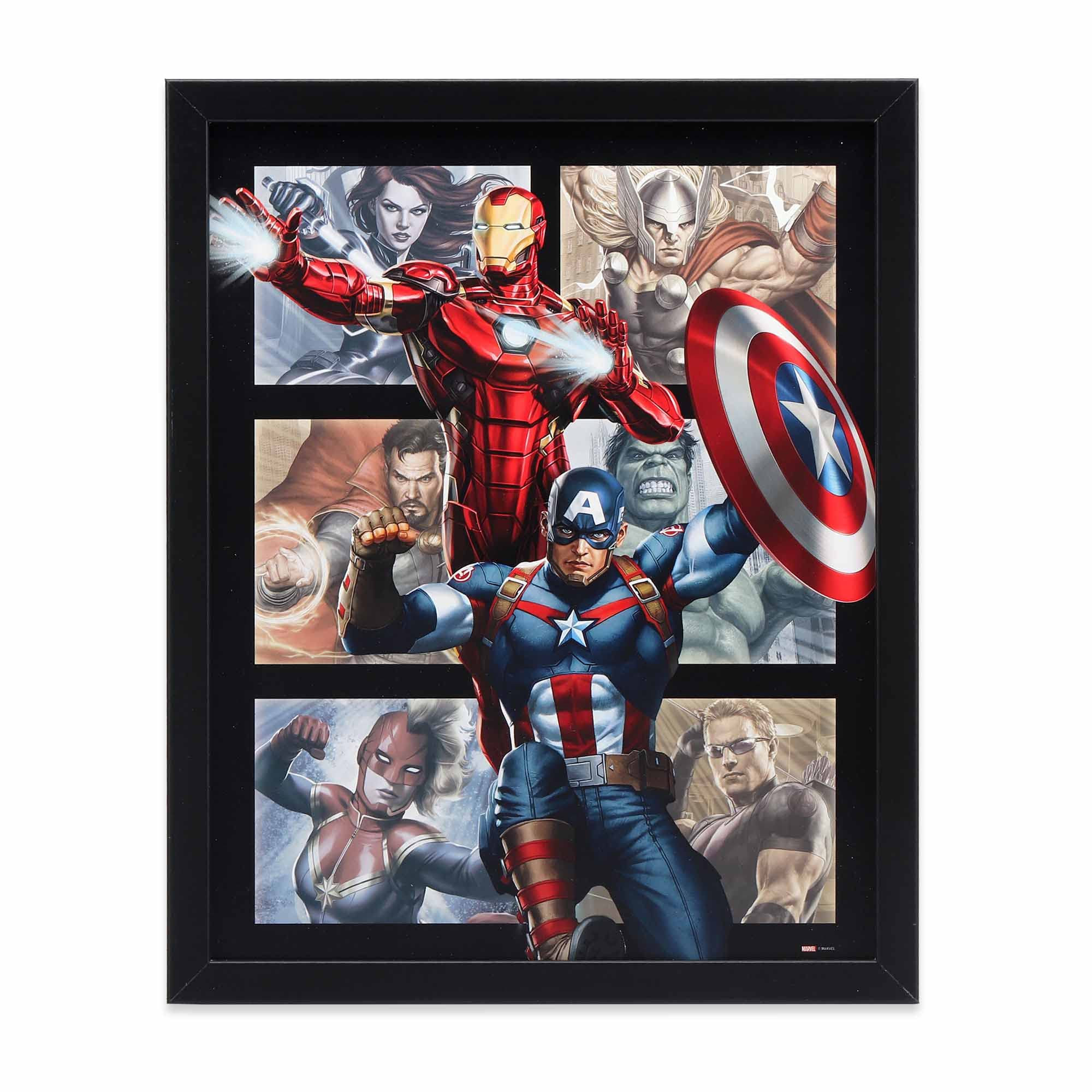 Marvel Avengers Framed Wood Wall Decor - Featuring Captain America, Iron Man and More - Classic Marvel Avengers Wall Art