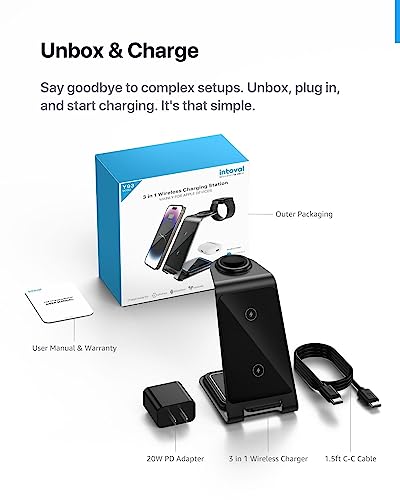 Intoval 3-in-1 Wireless Charging Station for iPhone 15 Pro/15/15 Pro Max/14 Pro/14/14 Pro Max, Apple Watch 9/Ultra 2/SE/8/7/6/5/4/3/2, AirPods Pro/Pro 2/3 (Y93, Silver)
