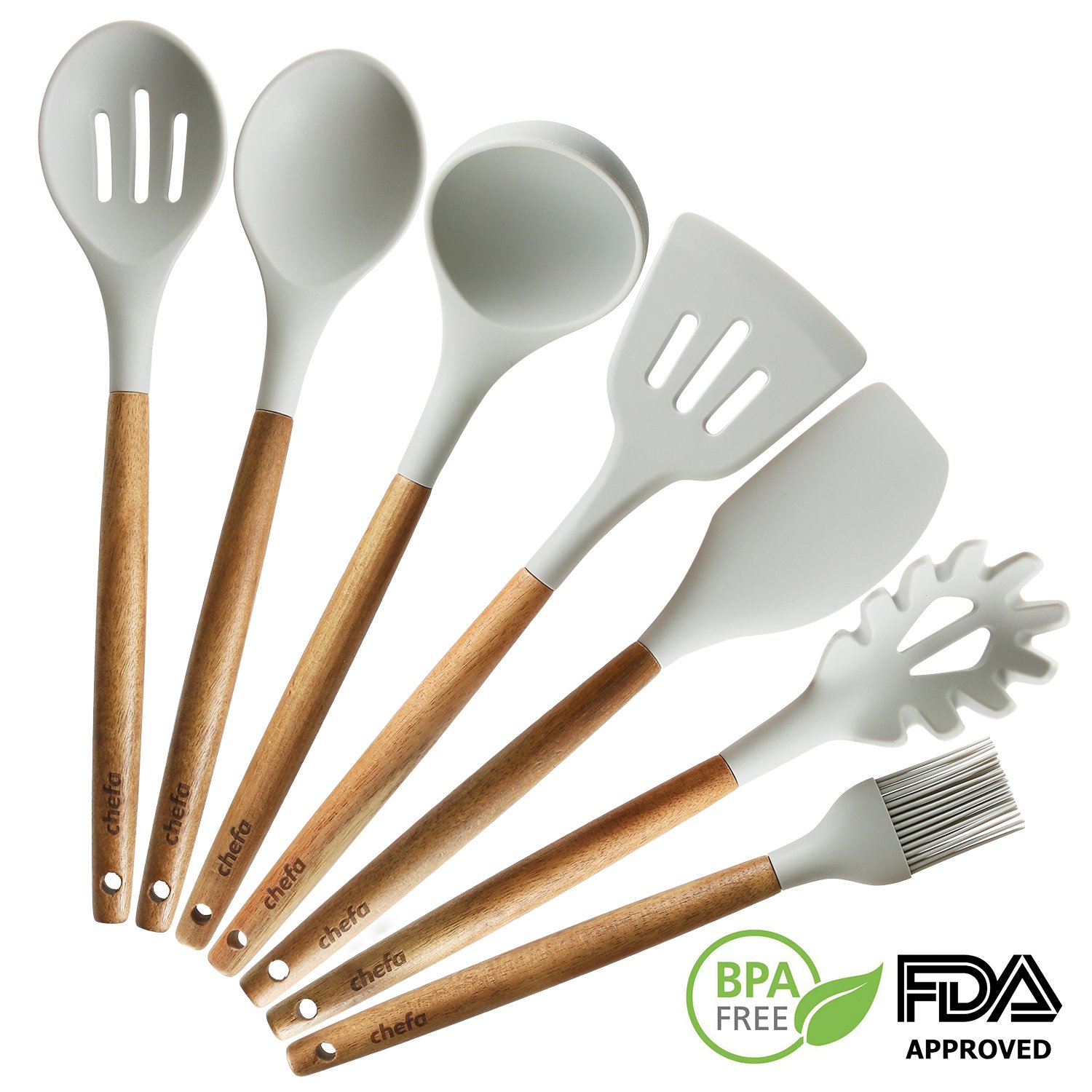 Silicone Cooking Utensils | Wooden Handle, Non-Stick Cookware Heat Resistant Kitchen Utensil Spatula, Slotted & Solid Spoon, Soup Ladle, Slotted Turner and Spaghetti Server,| Acacia Wood - Light Grey