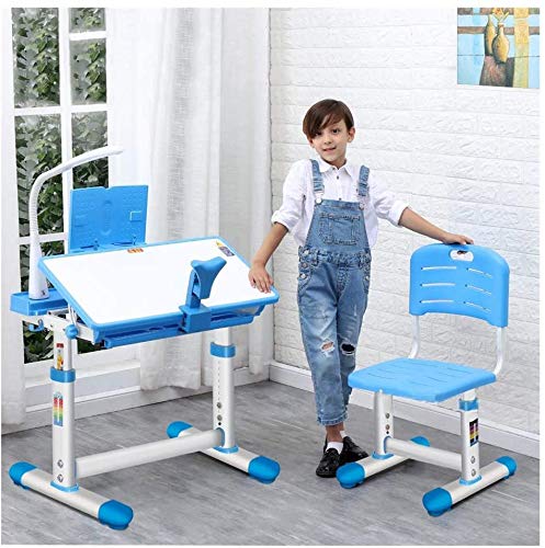 Kids Desk, Children Height Adjustable Study Desk and Chair Set, Children Home Study Table Students Writing Desk with Lamp, Drawer, Bookstand, Pencil Case, Bookstand, Blue