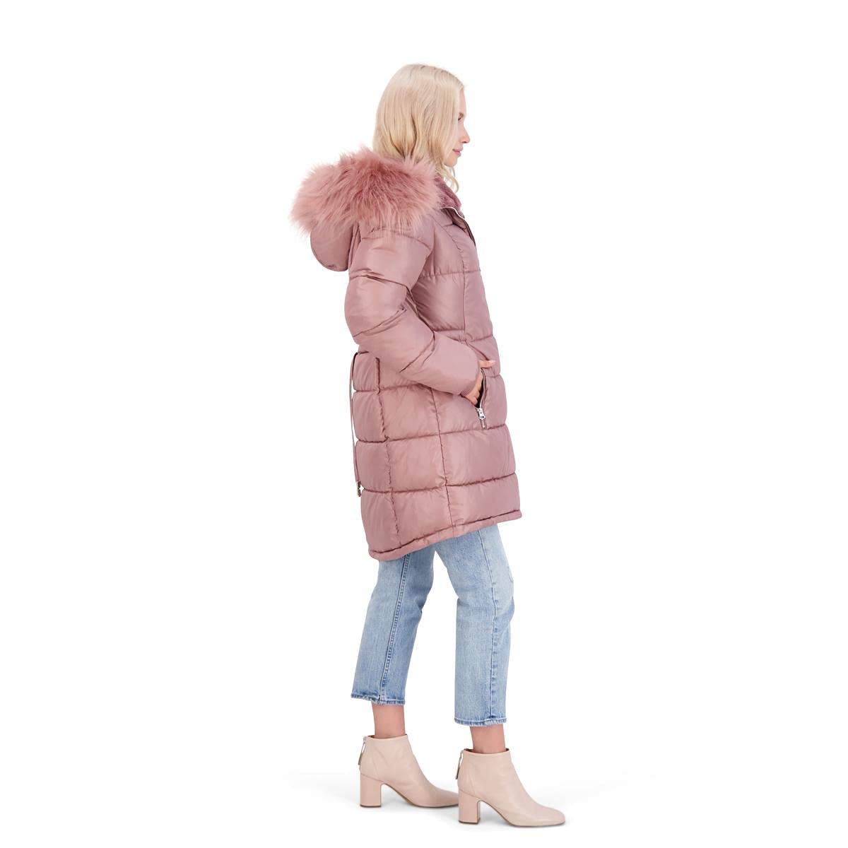 Jessica Simpson Womens Quilted Puffer Winter Coat w/Faux Fur Hood Pink Size L
