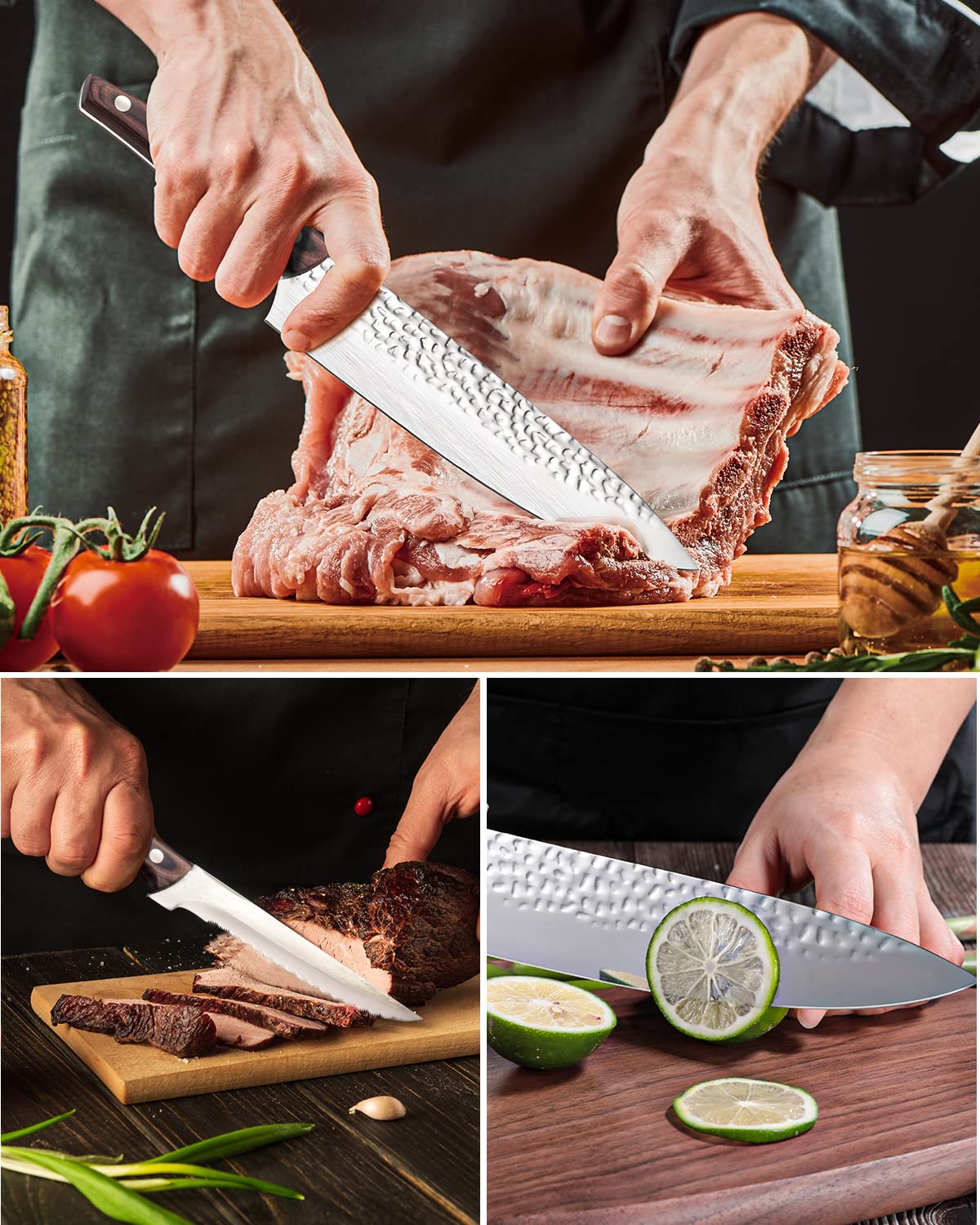 syvio Kitchen Knife Sets with Block and Wood Handle, 14 Piece with Built-in Sharpener, Kitchen Knives for Chopping, Slicing, Dicing&Cutting