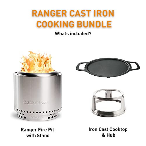 Solo Stove Ranger Cast Iron Griddle Cooking Bundle, incl. Stainless Steel Fire Pit + Stand, Cast Iron Griddle & Stainless Steel Hub for 6.5β Elevation, Height: 22 in, Diameter: 14.25 in, 31.1 lbs