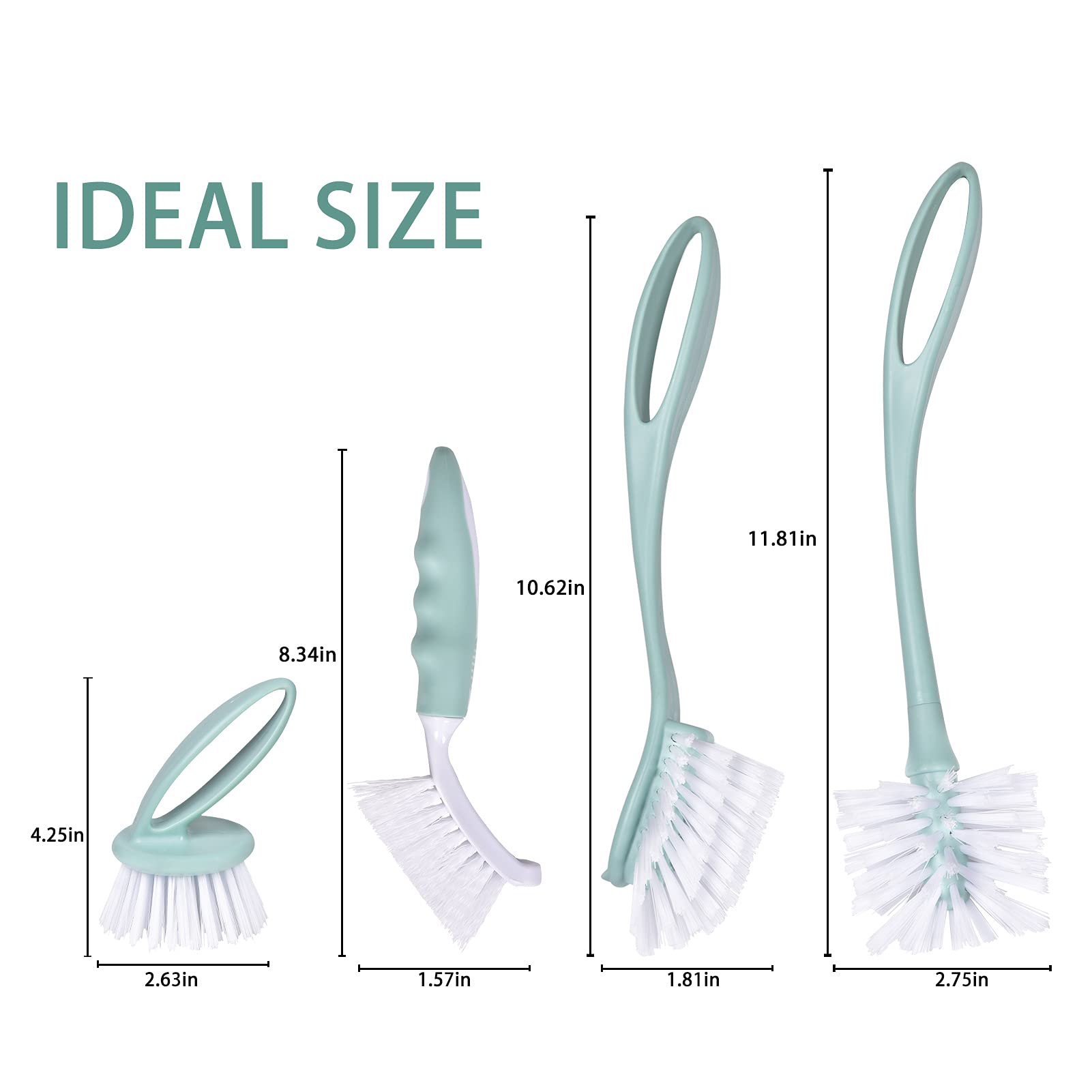 Perastra Dish Brush with Handle, Kitchen Dish Scrub Brush Set, 4-Piece Kitchen Cleaning Brush Set for Pots and Bottles, Nordic Green