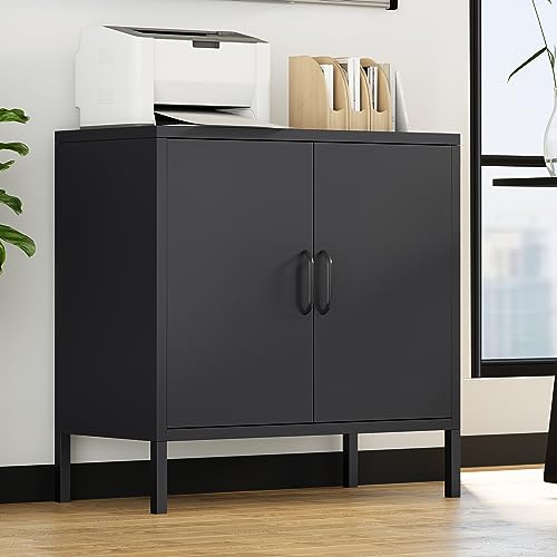 YITAHOME Metal Tool Cabinet, 31.5" Steel Garage Storage Cabinet with Adjustable Shelves, Counter Cabinet with 2 Door, Free Standing Cabinet for Bedroom, Kitchen,Home Office, Black