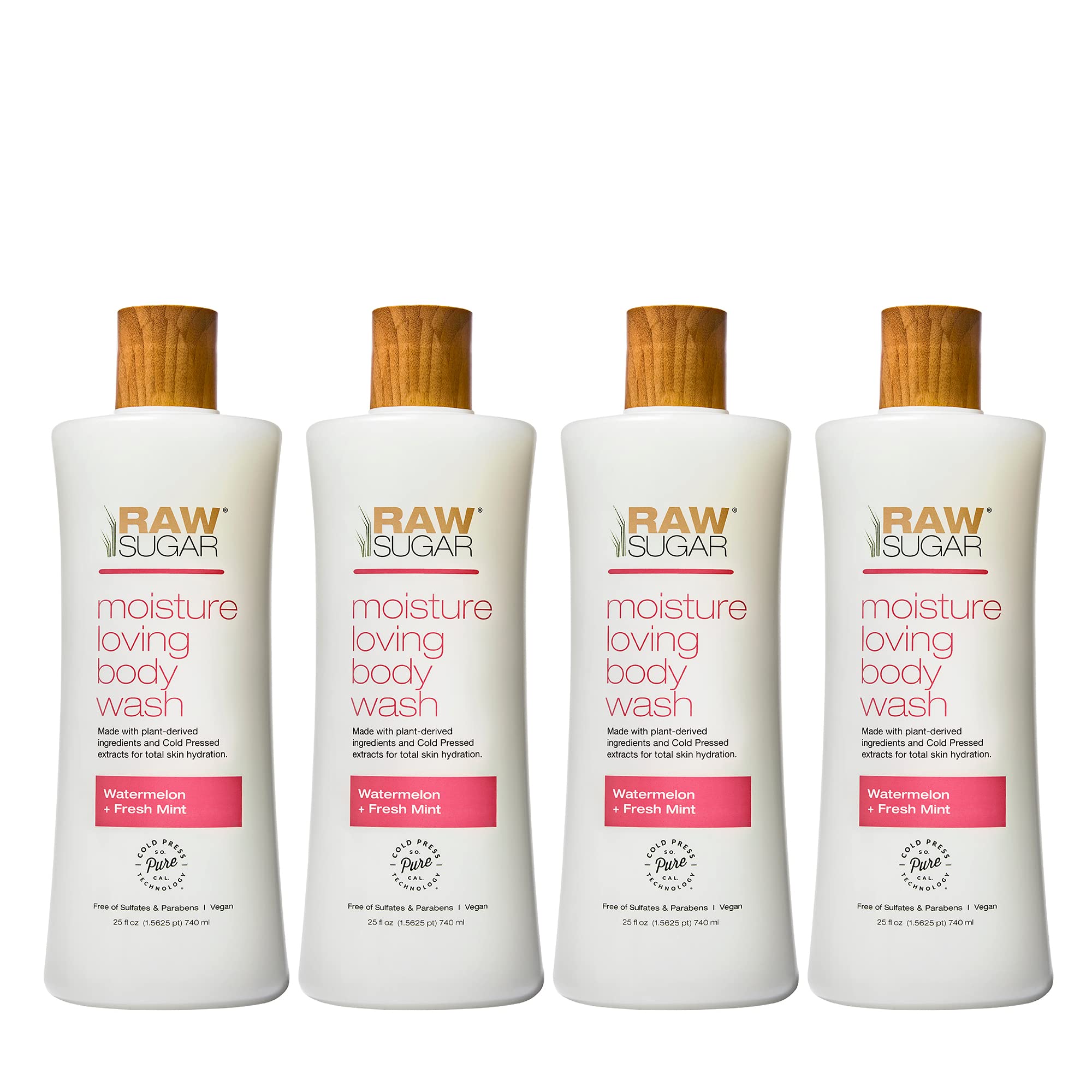 RAW SUGAR Moisture Loving Body Wash - Watermelon + Fresh Mint, Moisturizing & Refreshing Bath & Shower Gel, Formulated without Sulfates and Parabens & Vegan (Pack of 4)