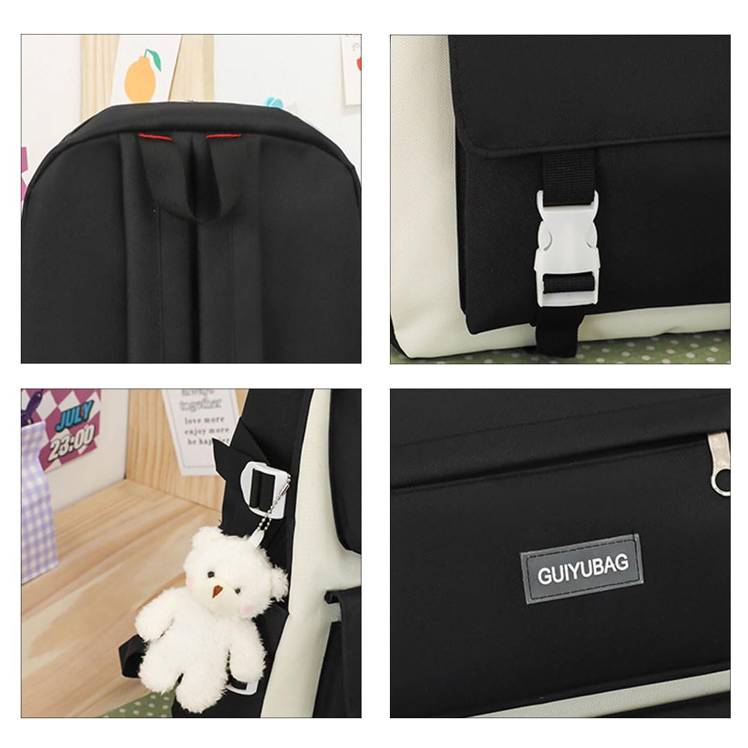 josfey 4Pcs Kawaii Backpack Cute Backpack Aesthetic Backpack Preppy Backpack SetKawaii School Supplies with Accessories (Black)…