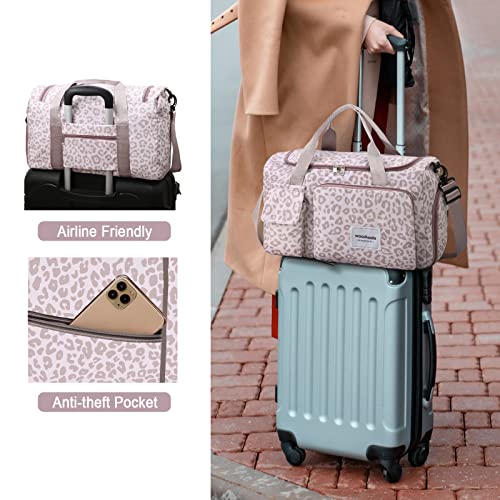 WOOMADA Foldable Travel Duffel Bag with Shoes Compartment, Overnight Bag with Wet Pocket & Trolley Sleeve, Gym Bags for Women Waterproof & Tear Resistant(brown leopard)
