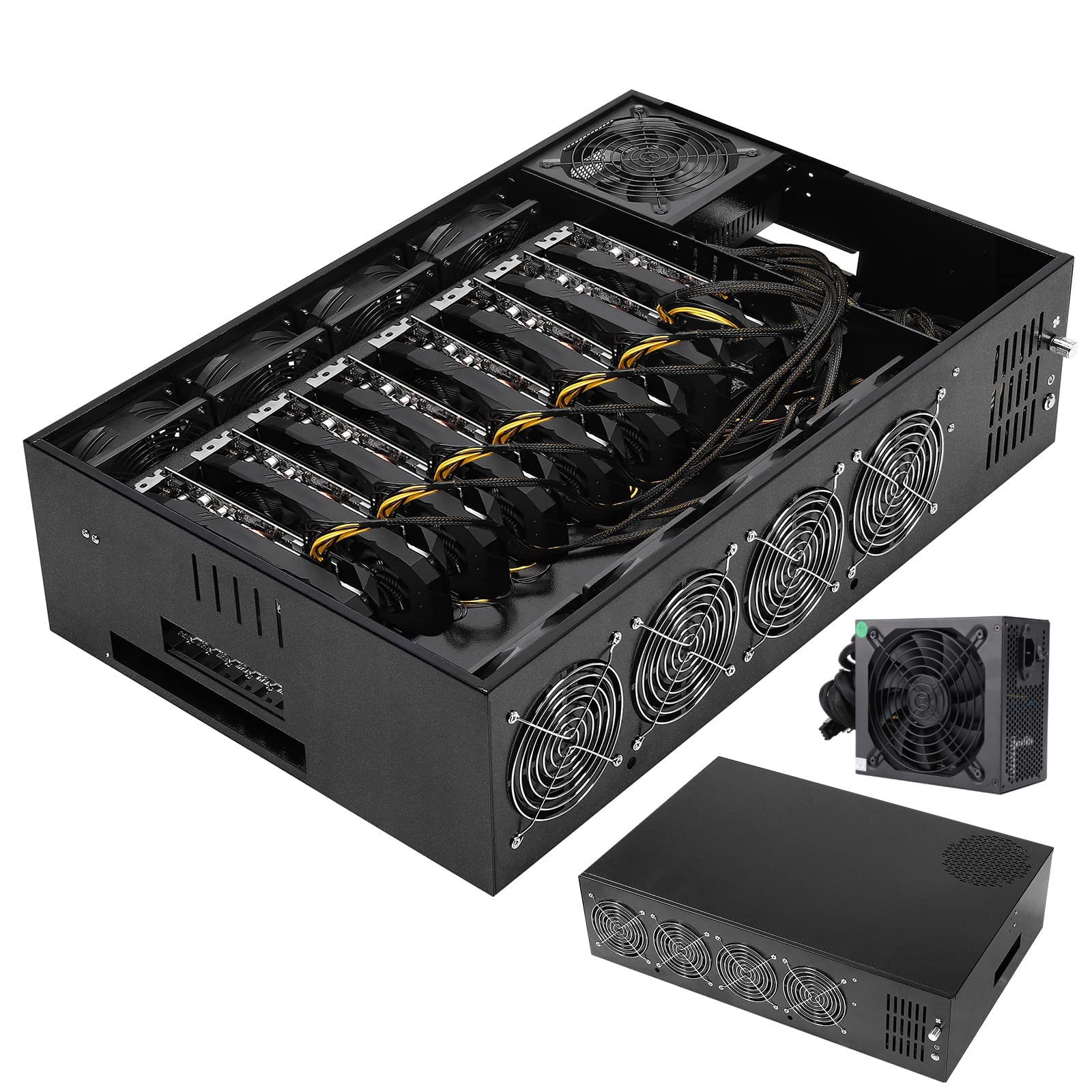 SUOHUI GPU Mining Rig Case for ETC AE BEAM CFX ERG RVN SERO GRIN Crypto Miner Complete Mining System with 8 GPU Mining Motherboard, PSU, Cooling Fans, RAM, SSD, CPU(Excluding GPUs) -Black