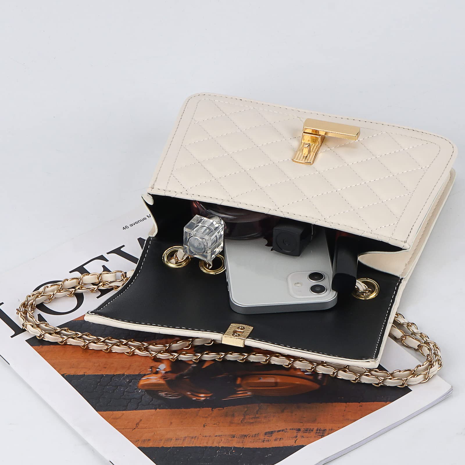 Quilted Bag Purse for Women with Chain Strap, Vegan Leather Small Crossbody Messenger Handbag Shoulder Bag, White