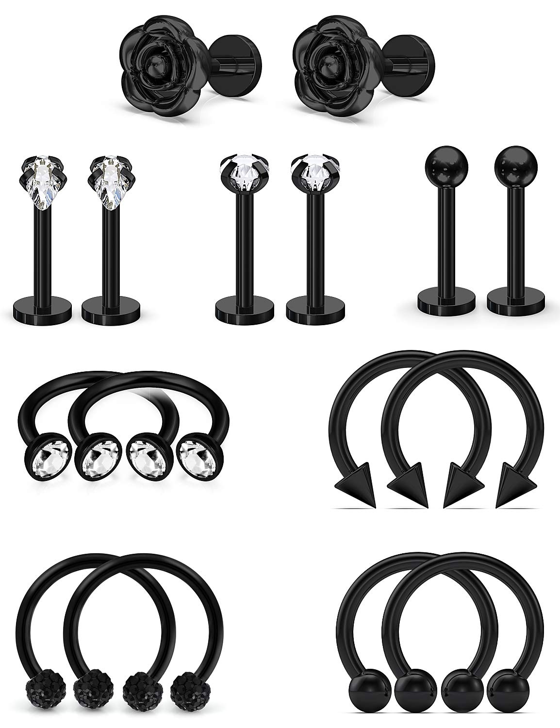 Lcolyoli 16Pcs 16G Surgical Steel Lip Rings Diamond CZ Monroe Labret Studs Tragus Horseshoe Ring Helix Hoop Earring Body Jewelry Piercing for Women Men Black Spike Rose Flower