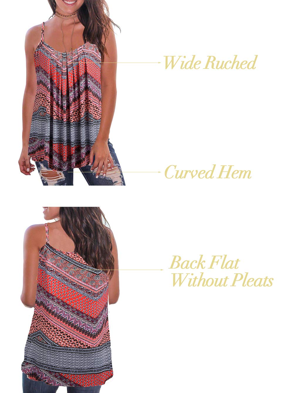Kaei&Shi Spaghetti Strap Print Long Vest,Flowy Tank Top for Women,Pleated Dressy Loose Cami,Swing Camisole Plus Size Zigzag Red 3X-Large