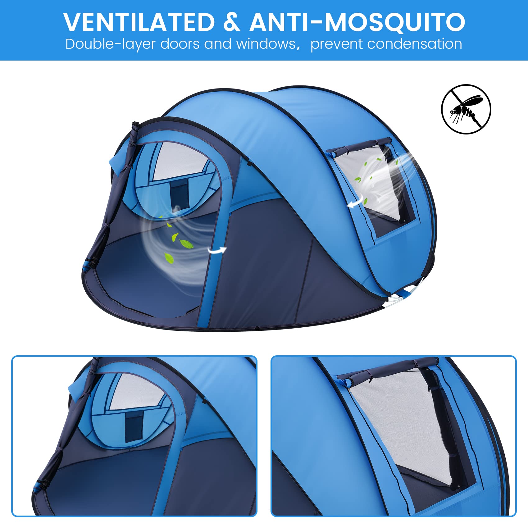 Lovinouse Upgraded 4-6 Person Pop up Camping Tent, Waterproof Double Layer Lightweight Dome Tents, with Doors Windows for Hiking Beach (Navy)