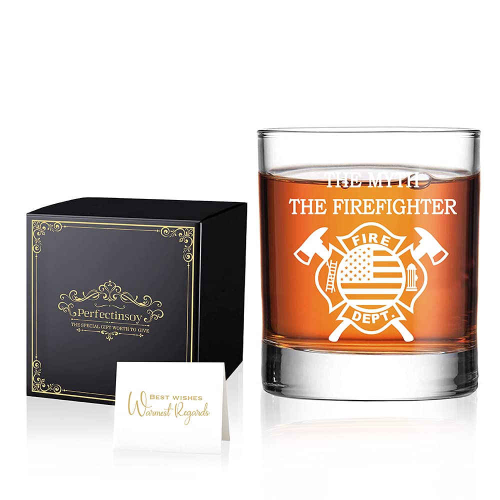 Perfectinsoy The Man The Myth The Firefighter Whiskey Glass with Gift Box, Firefighter Gifts, Fireman Retirement Gifts, Fireman Graduation, Fathers Day Gift for Fire Fighter …