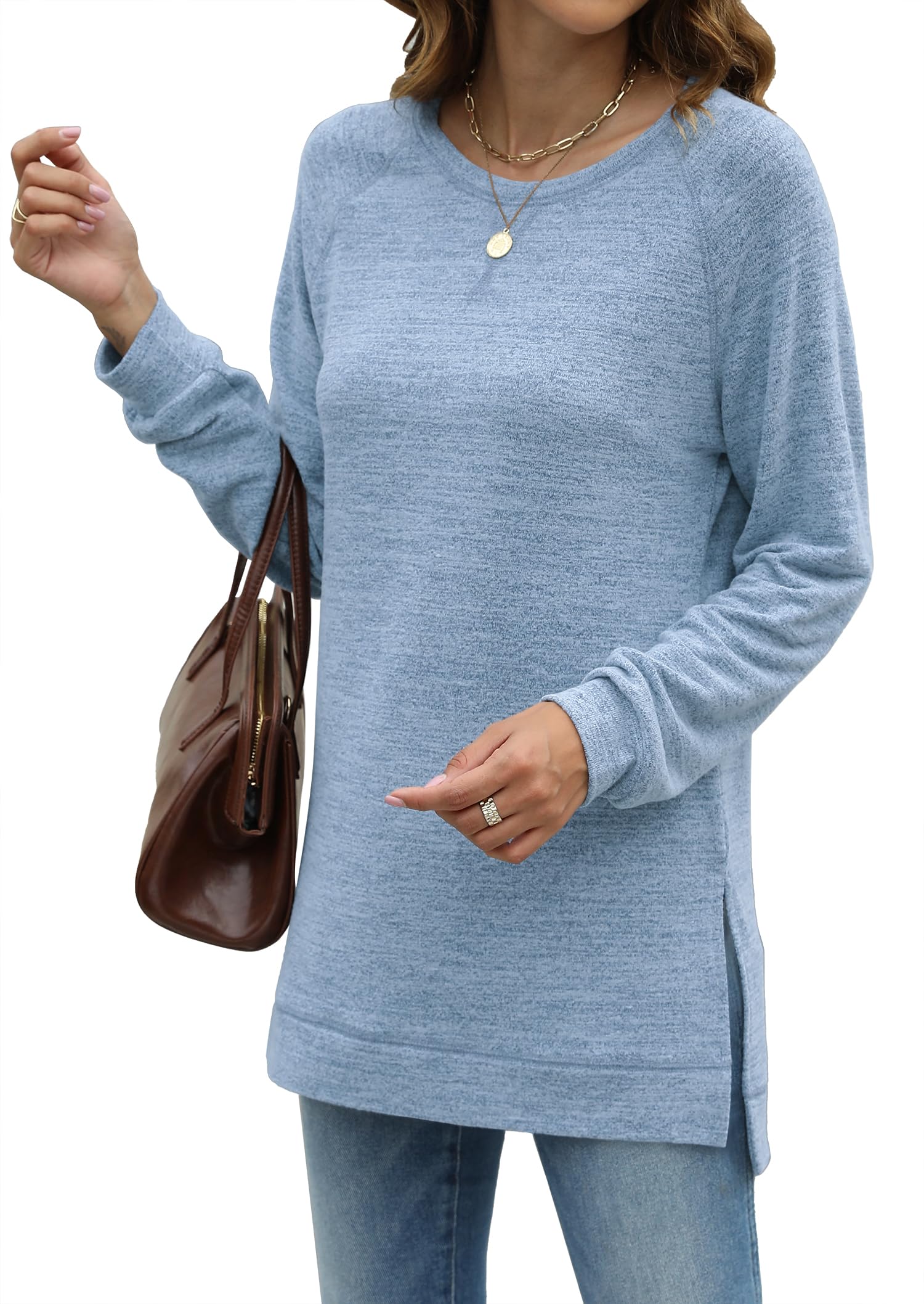 LERUCCI Womens Casual Sweatshirt Long Sleeve Loose Fall Pullover Side Split Tunic Tops Light Blue Medium