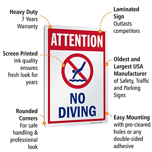 SmartSign 14 x 10 inch โAttention - No Divingโ Pool Metal Sign, 40 mil Laminated Rustproof Aluminum, Red, Blue and White