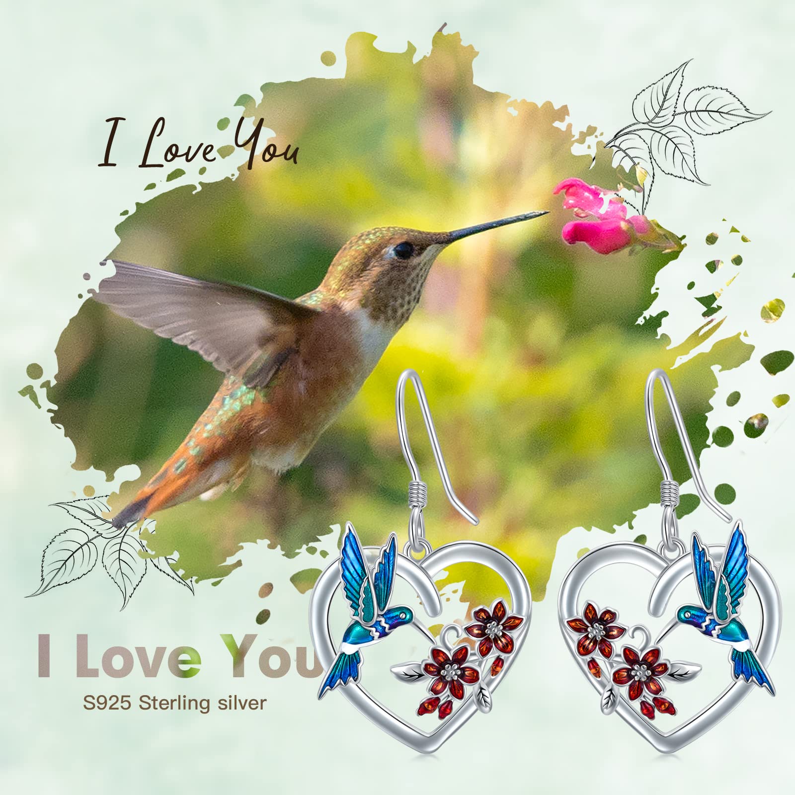 LONAGO Hummingbird Earrings for Women Sterling Silver Hummingbirds Heart Dangle Earring Gift for Women