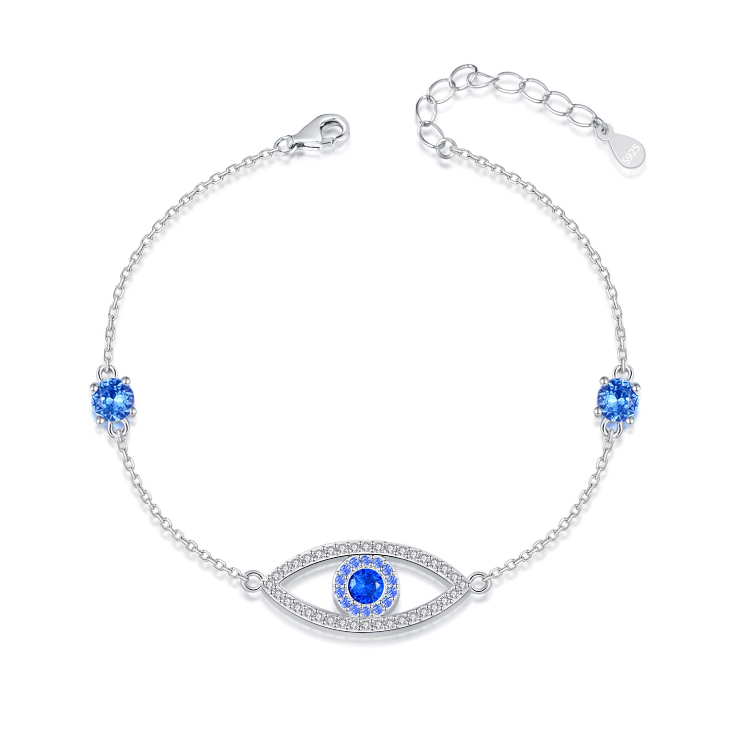 IOHUPCI 925 Sterling Silver Expandable Lucky Blue Evil Eye Chain Bracelet with Sparkling Cubic Zirconia for Women