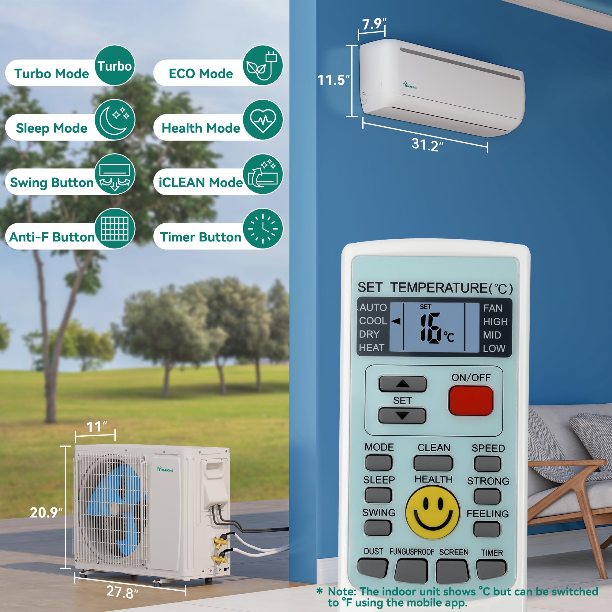 YITAHOME 24000 BTU Mini Split Air Conditioner Heat Pump System, Wifi Enabled 21 SEER2 208-230V Ductless AC Cool Up to 1500 Sq. Ft, Compatible with Alexa, Complete Installation Kit, White