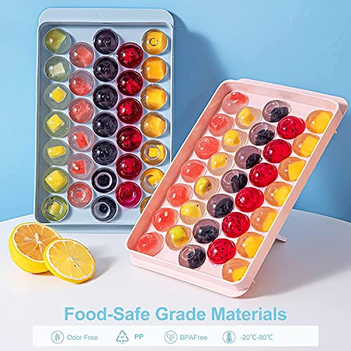 SCEssentials Round Ice Cube Tray with Lid Bin Ball Maker Mold for Freezer Container Mini Circle Making 99 piece Sphere Chilling Cocktail Whiskey Tea Coffee 3 Trays 1 Bucket Scoop total PACKS Blue