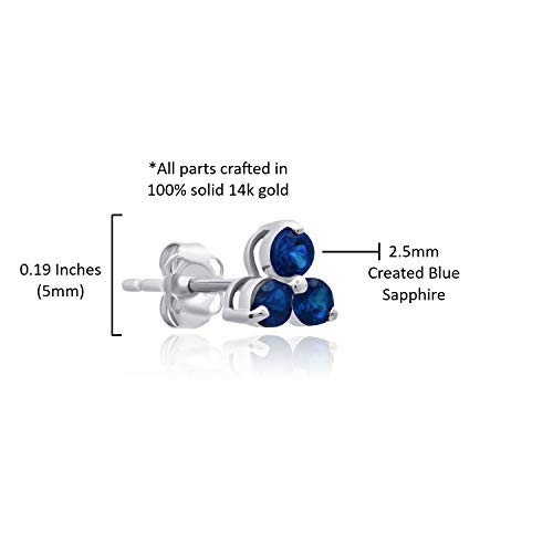 MAX + STONE 14k White or Yellow Gold Small Gemstone Trio Round Stud Earrings for Women with Push Backs and Birthstones (Created Blue Sapphire, white-gold)